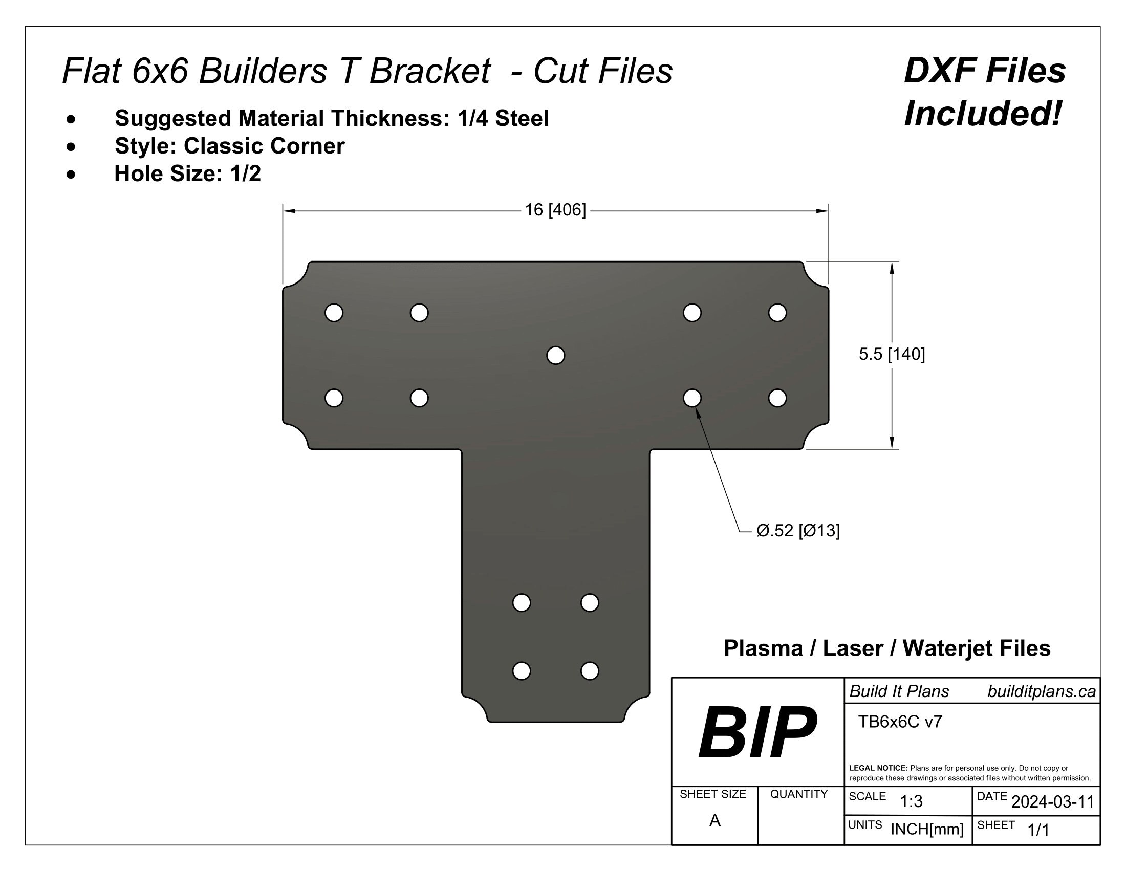Classic 6x6 Post T Bracket Cut File Timber Frame DXF Plasma File Tee ...