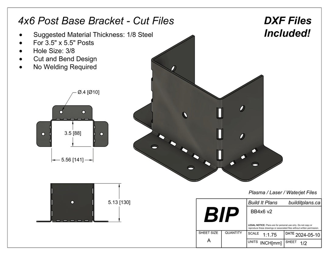 4x6 Post Base Bracket DXF Cut File: Steel Construction (digital ...