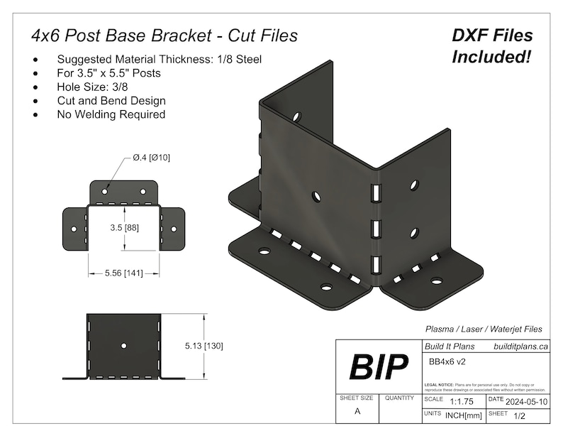 4x6 Post Base Bracket DXF Cut File: Steel Construction (digital ...