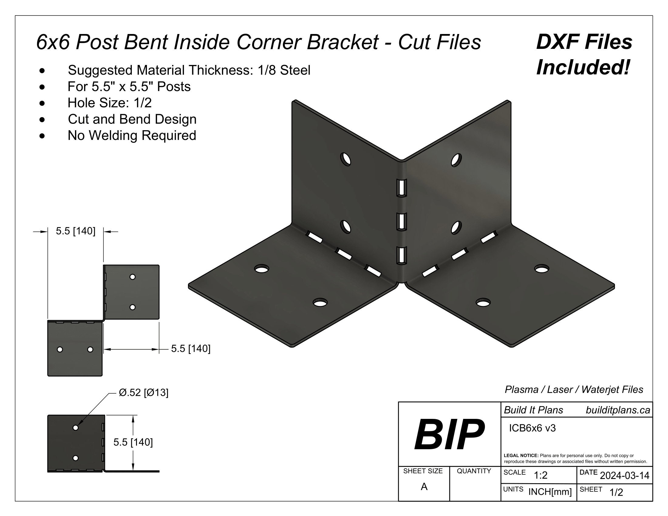 6x6 Post Inside Corner Bracket Cut File for Pergola Post Corner DXF ...