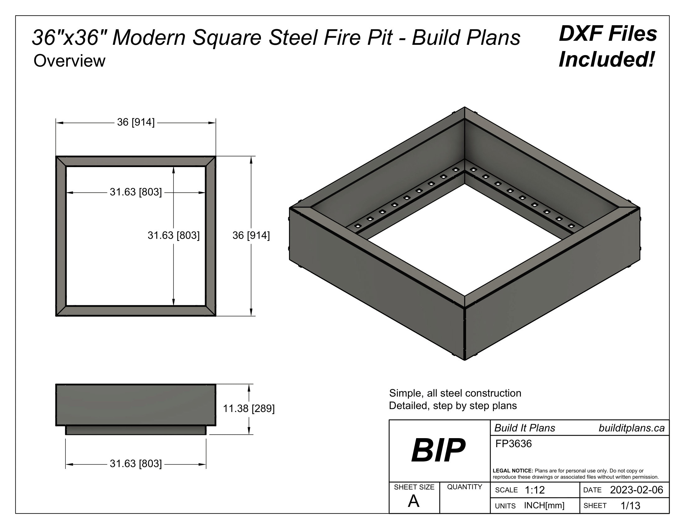 36x36 Square Fire Pit Cut Files 36x36 Modern Fire Pit PDF Plans and DXF ...