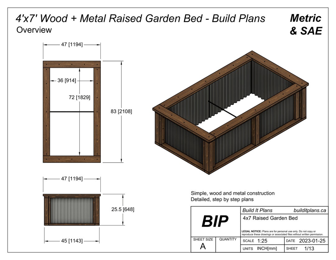 4'x7' Wood and Metal Raised Garden Bed Plans - 4x7 Garden Box PDF Plan ...