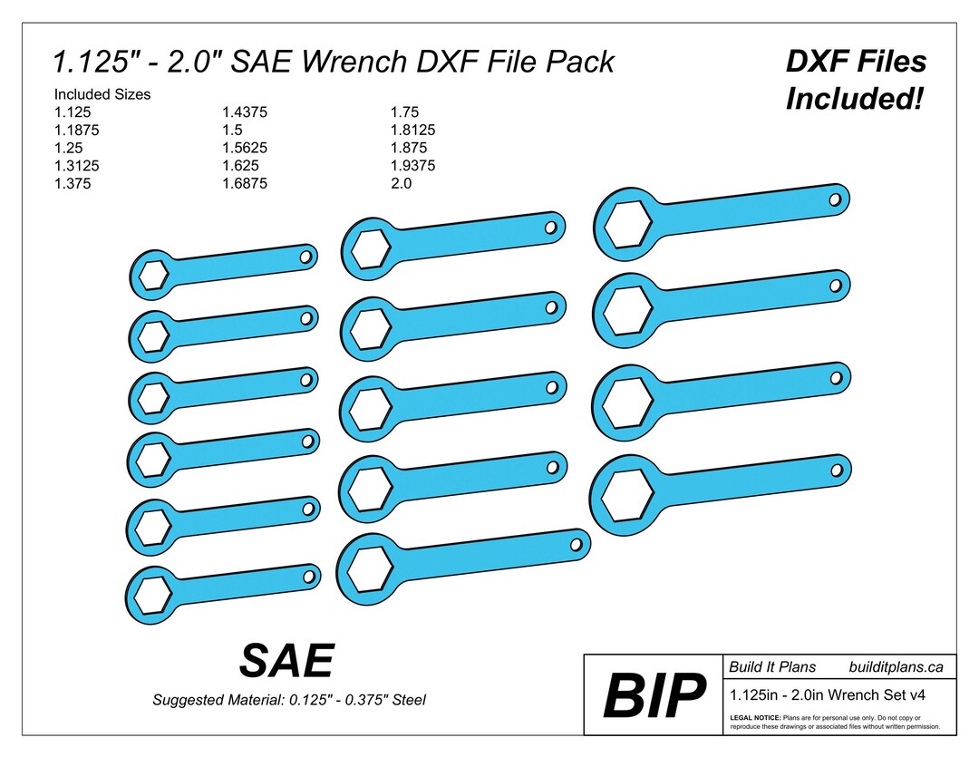 1-1/8 to 2 Inch Wrench DXF File Pack - Box End Spanner CNC Cut Files ...