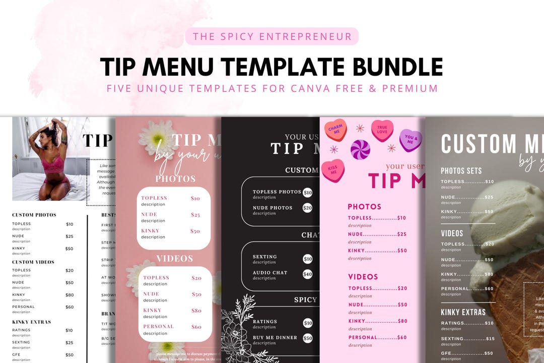 Onlyfans Tip Menu Bundle | 5 Editable Templates | Canva Template | Tip ...