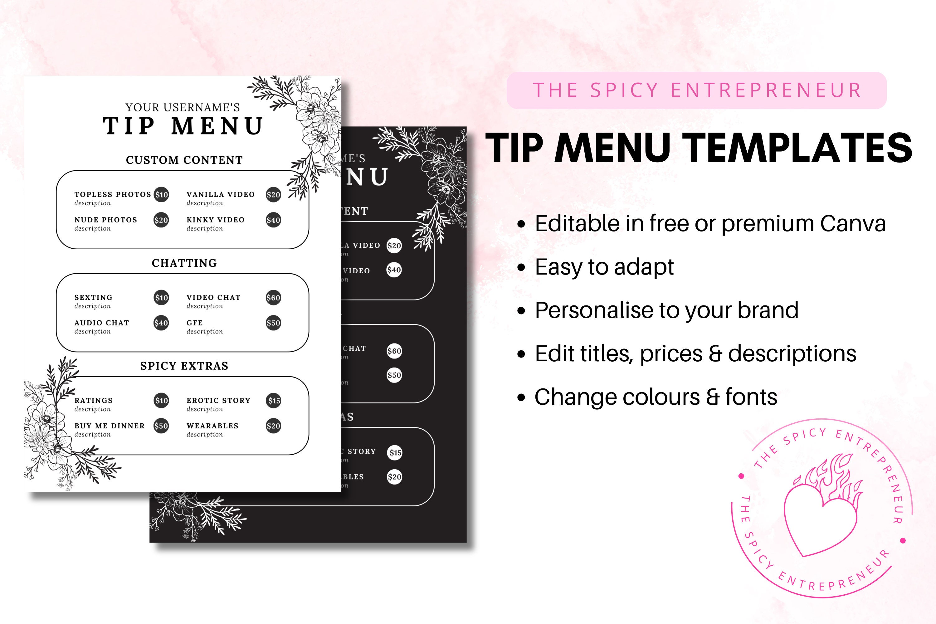 Onlyfans Tip Menu | Monochrome | Editable Template | Canva Template ...