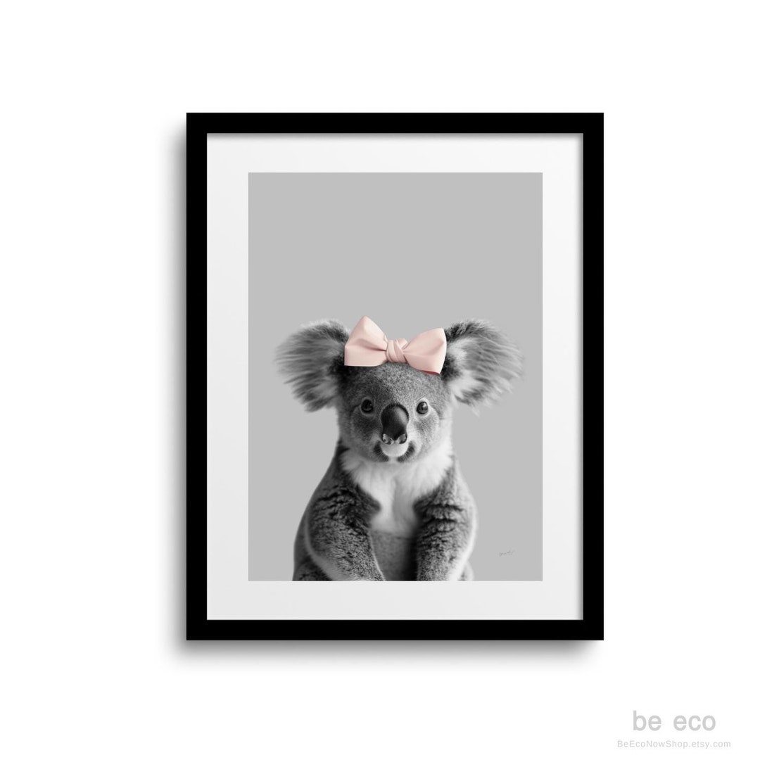 Koala With Pink Bow, Pink and Gray Nursery Art Animals, Pink Bow Room ...