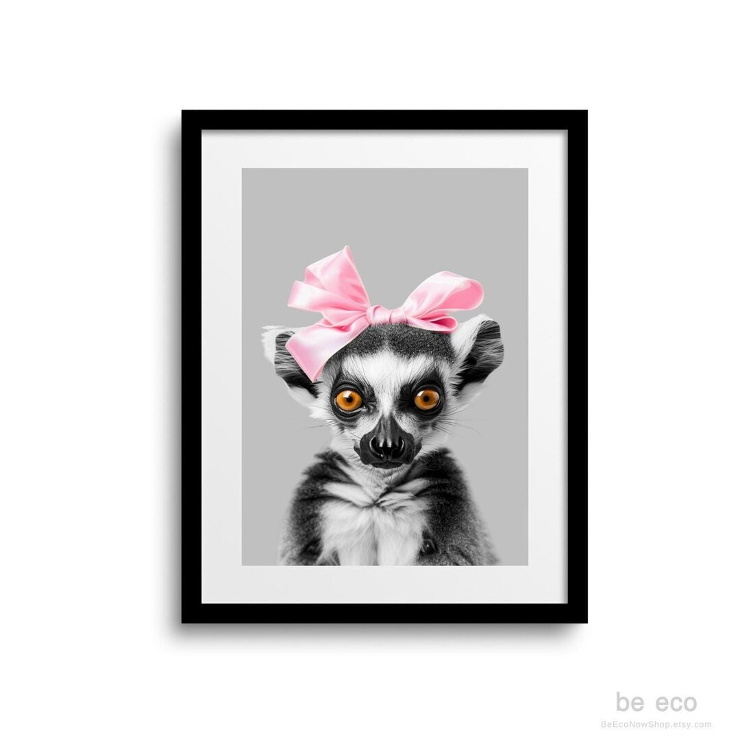 Lemurs With Pink Bow, Pink and Gray Nursery Art Animals, Pink Bow Room ...