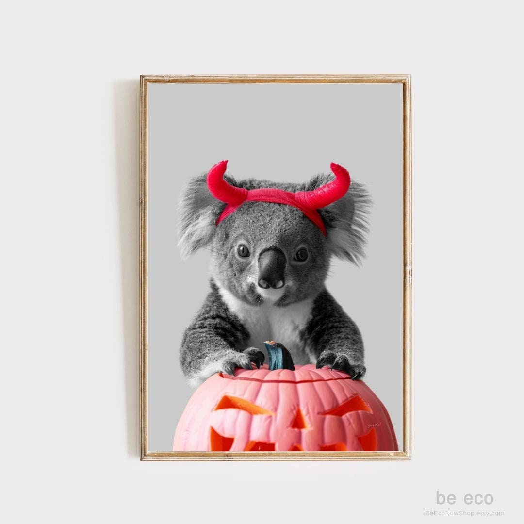 Koala Halloween, Animal Devil Horns, Trick or Treat Print, Spooky Cute ...