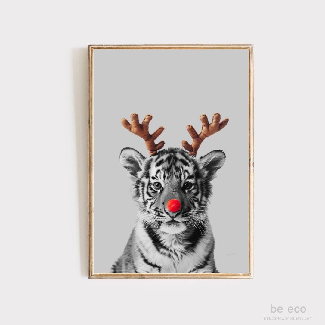 Christmas Tiger Cub Art Print, Reindeer Antlers (digital Download) - Etsy