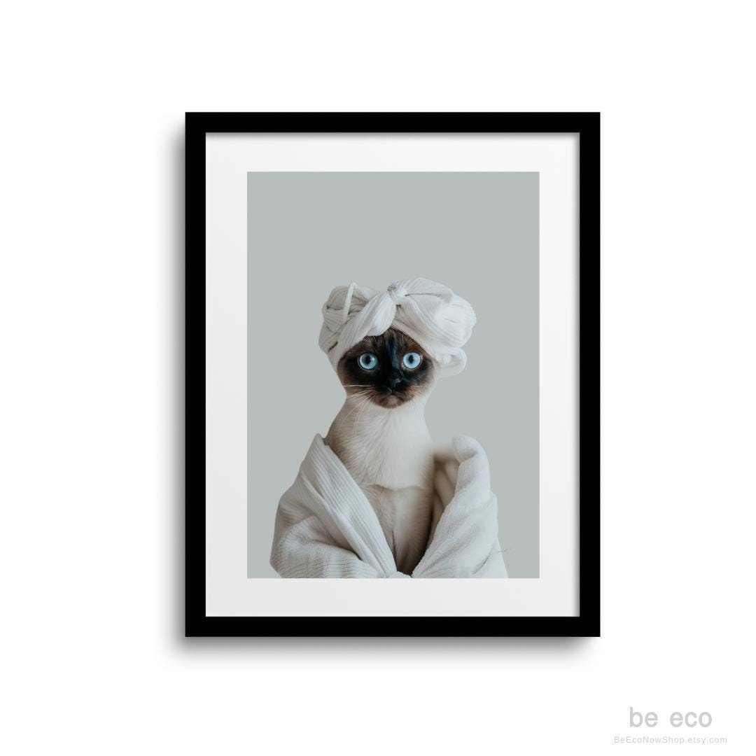 Siamese Cat in Bathrobe, Toddler Bathroom Art, Animal Bath Print, Funny ...