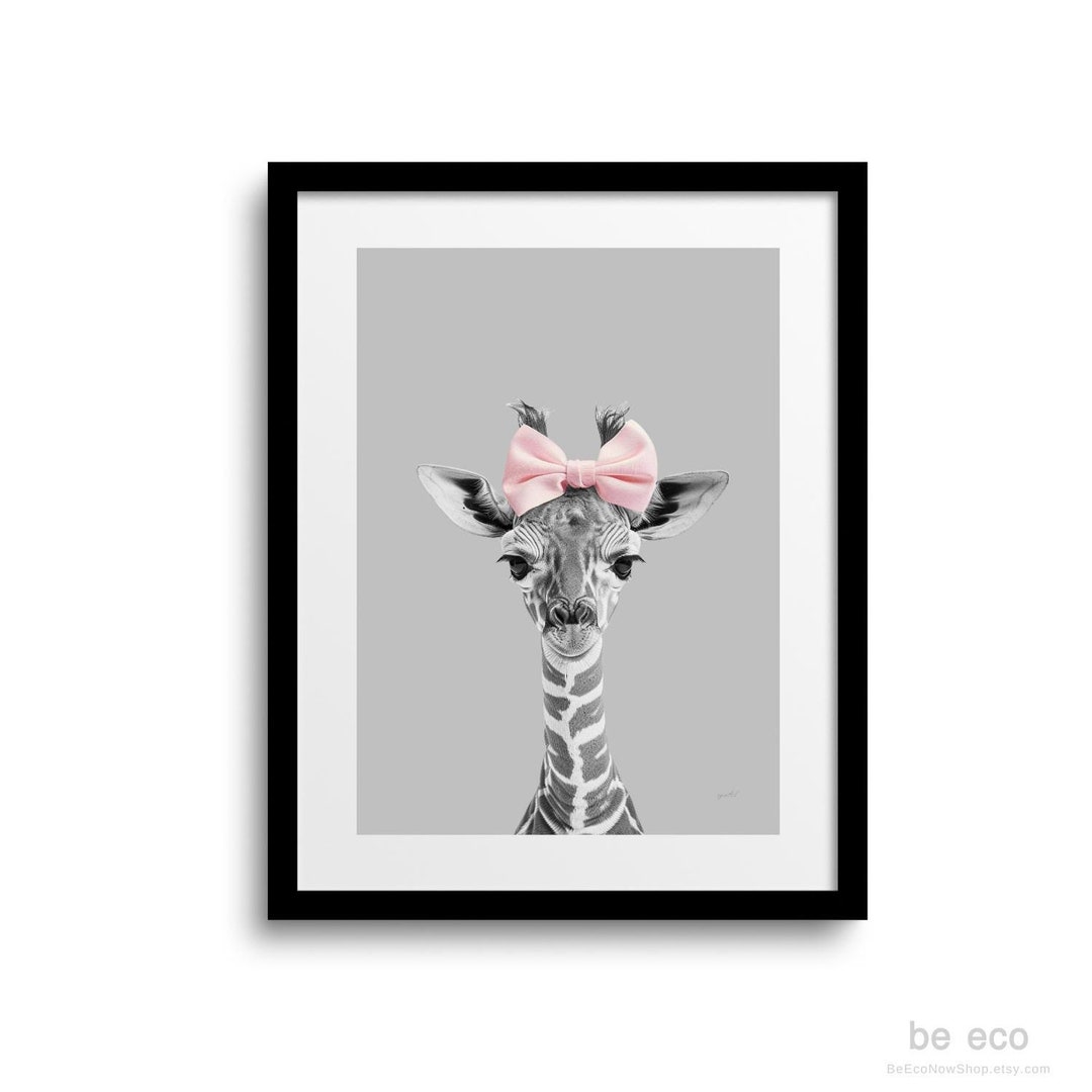 Giraffe With Bow, Pink and Gray Nursery Art Animals, Pink Bow Room ...