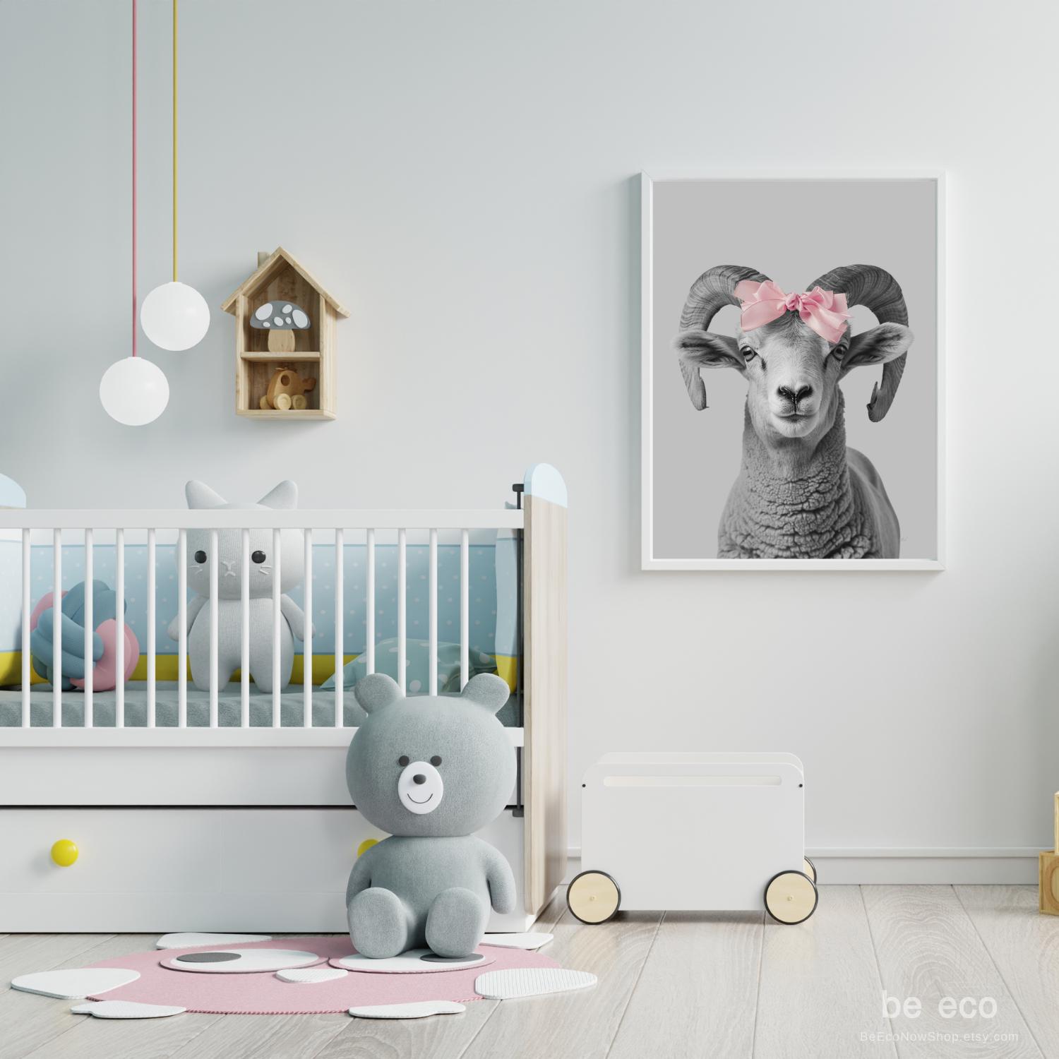 Sheep With Pink Bow, Pink and Gray Nursery Art Animals, Pink Bow Room ...