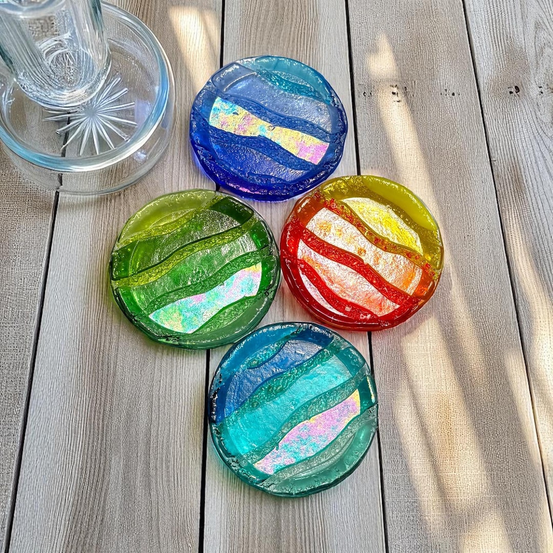Rainbow Glass Coasters 4 Raised Edge Etsy