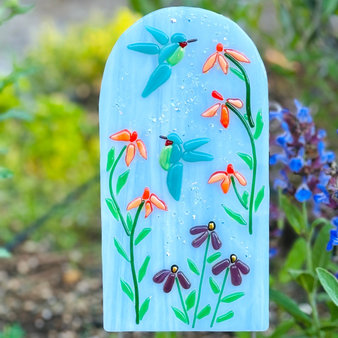 Hummingbirds Fused Glass Garden Stake - Etsy