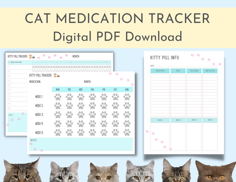 Cat Medication Tracker, Monthly and Weekly Checklist, Medicine and ...