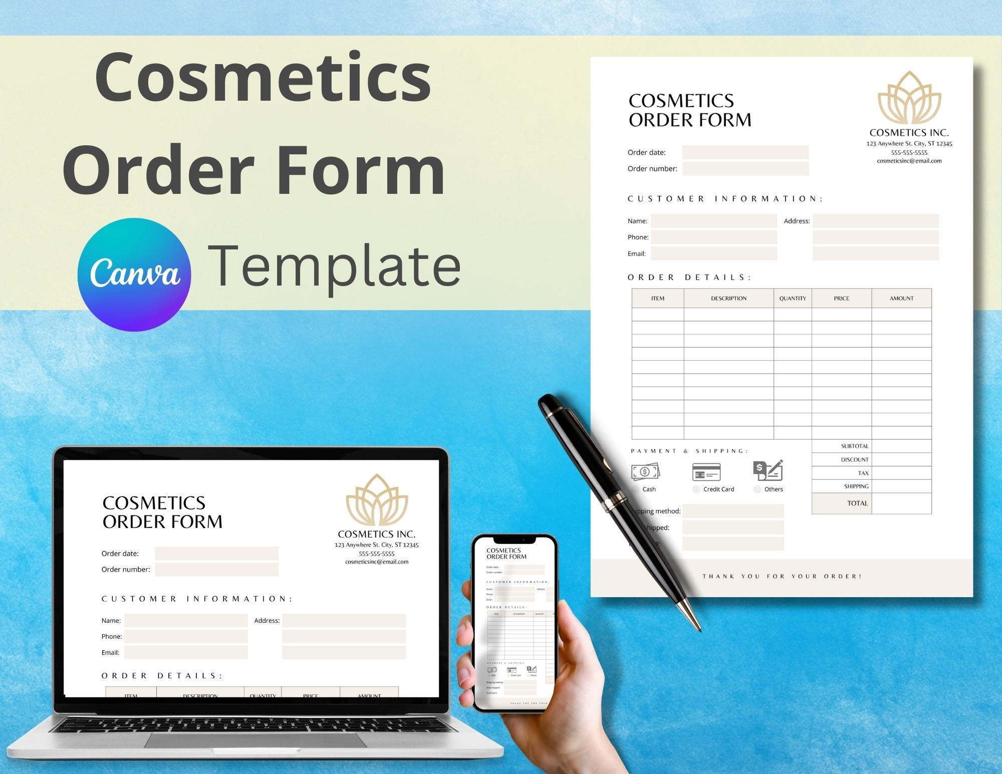 Cosmetics Order Form, Canva Template, Editable Document, Spa and Beauty ...