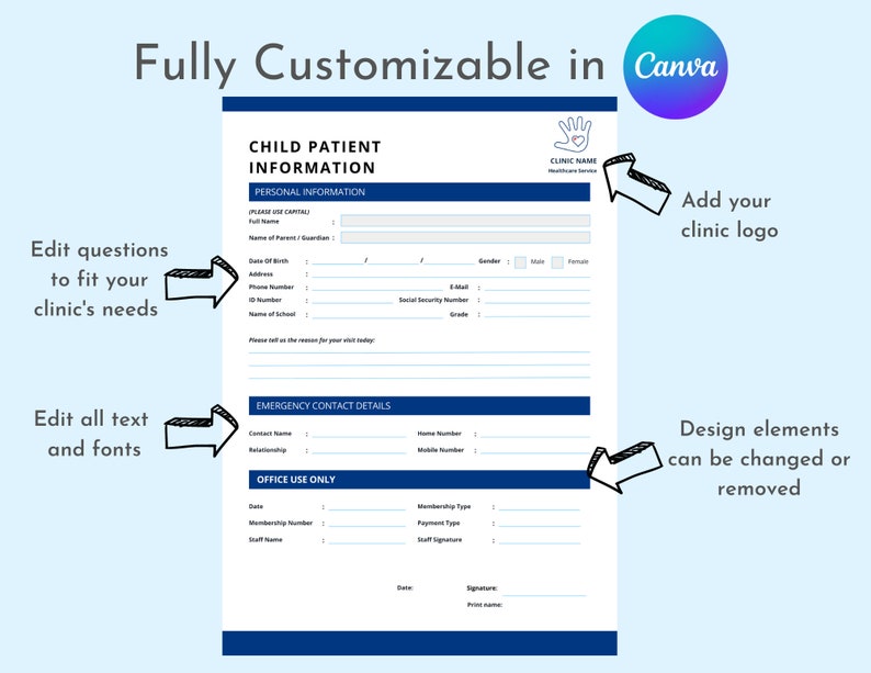 Pediatric Clinic New Patient Information, New Patient Intake Form, Medical History, Customizable ...