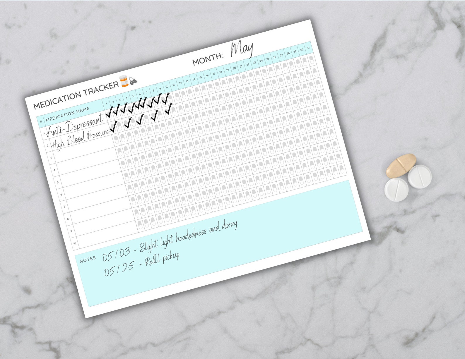 Monthly Medication Tracker, Weekly Medication Log, Prescription Info ...