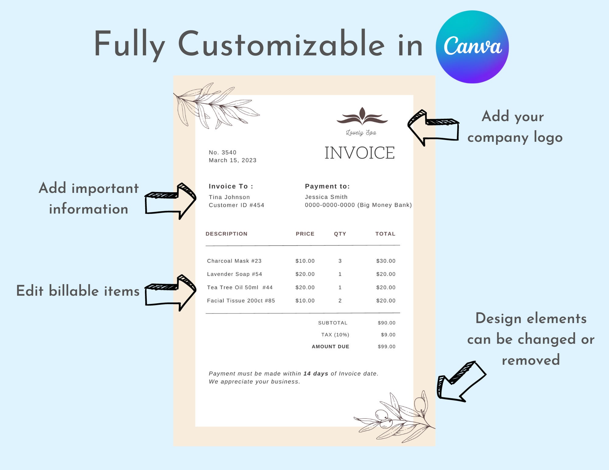 Spa Invoice Template, Beauty and Cosmetics, Fully Customizable Forms ...