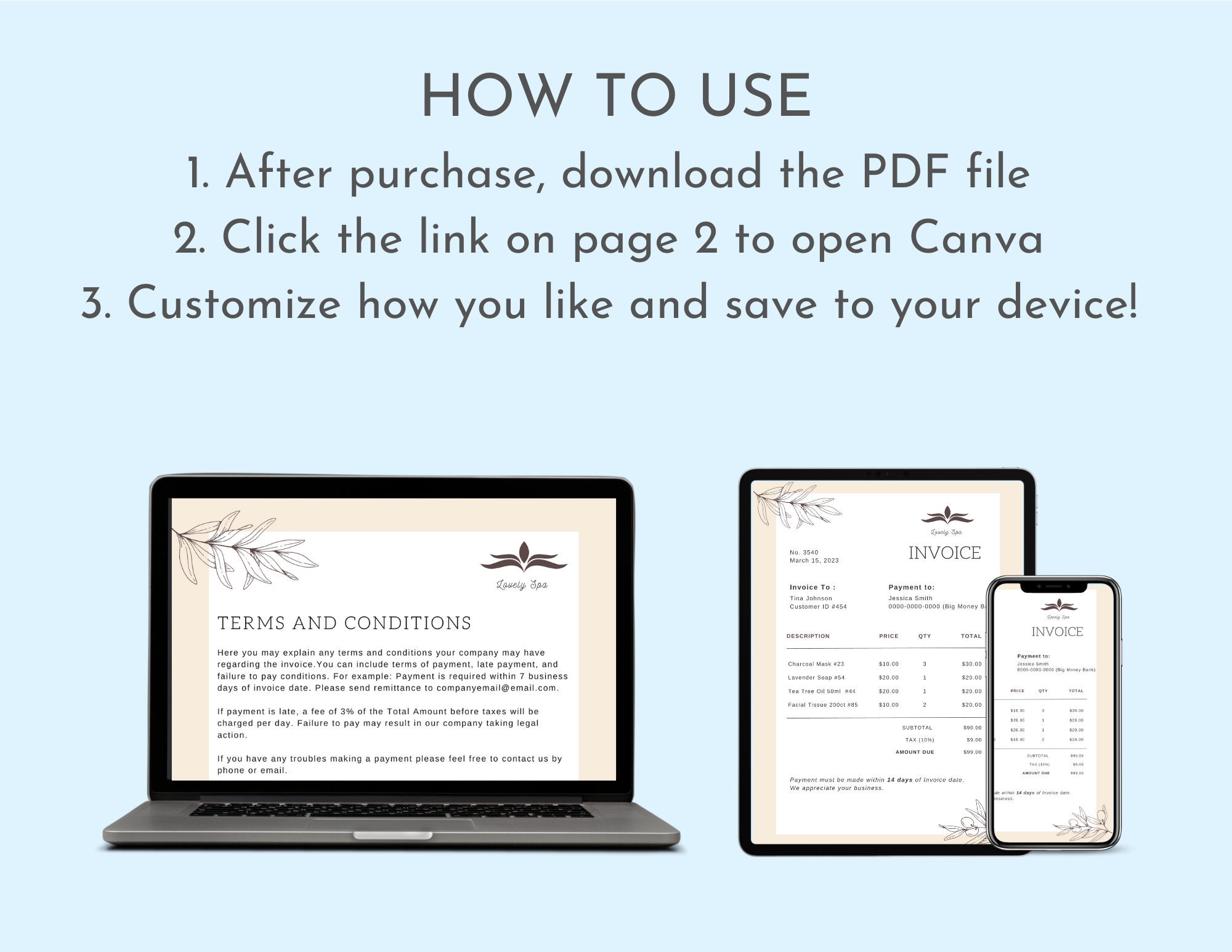 Spa Invoice Template, Beauty and Cosmetics, Fully Customizable Forms ...