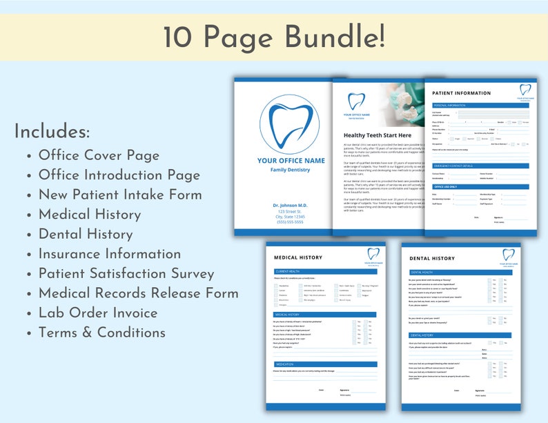 Dentist Office Forms, New Patient Information, Medical History, Dental ...