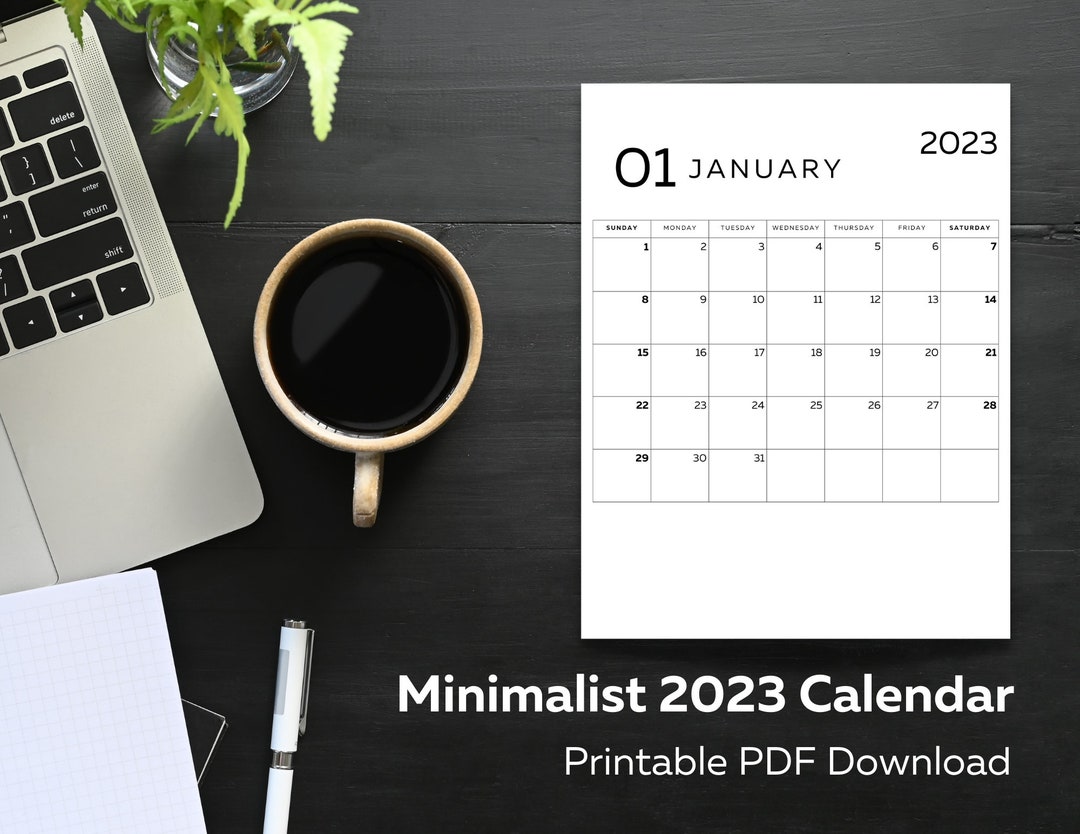 Minimalist 2023 Dated Calendar, Monthly, Simple, Clean, Black and White ...