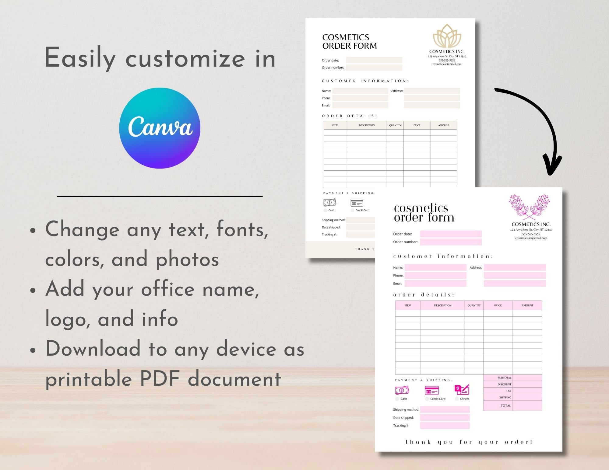 Cosmetics Order Form, Canva Template, Editable Document, Spa and Beauty ...
