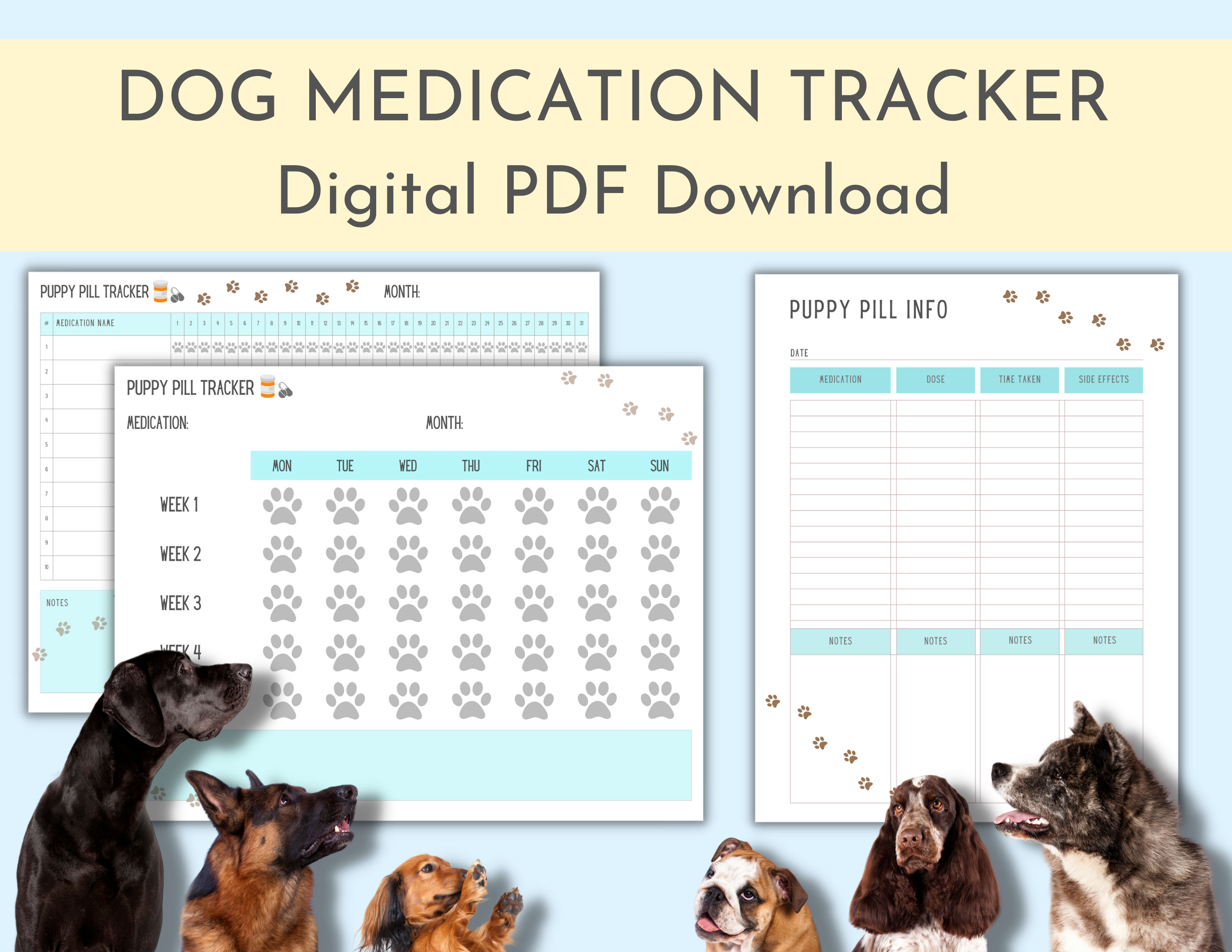 Dog Medication Tracker, Monthly Pet Health, Weekly Puppy Pill Checklist ...