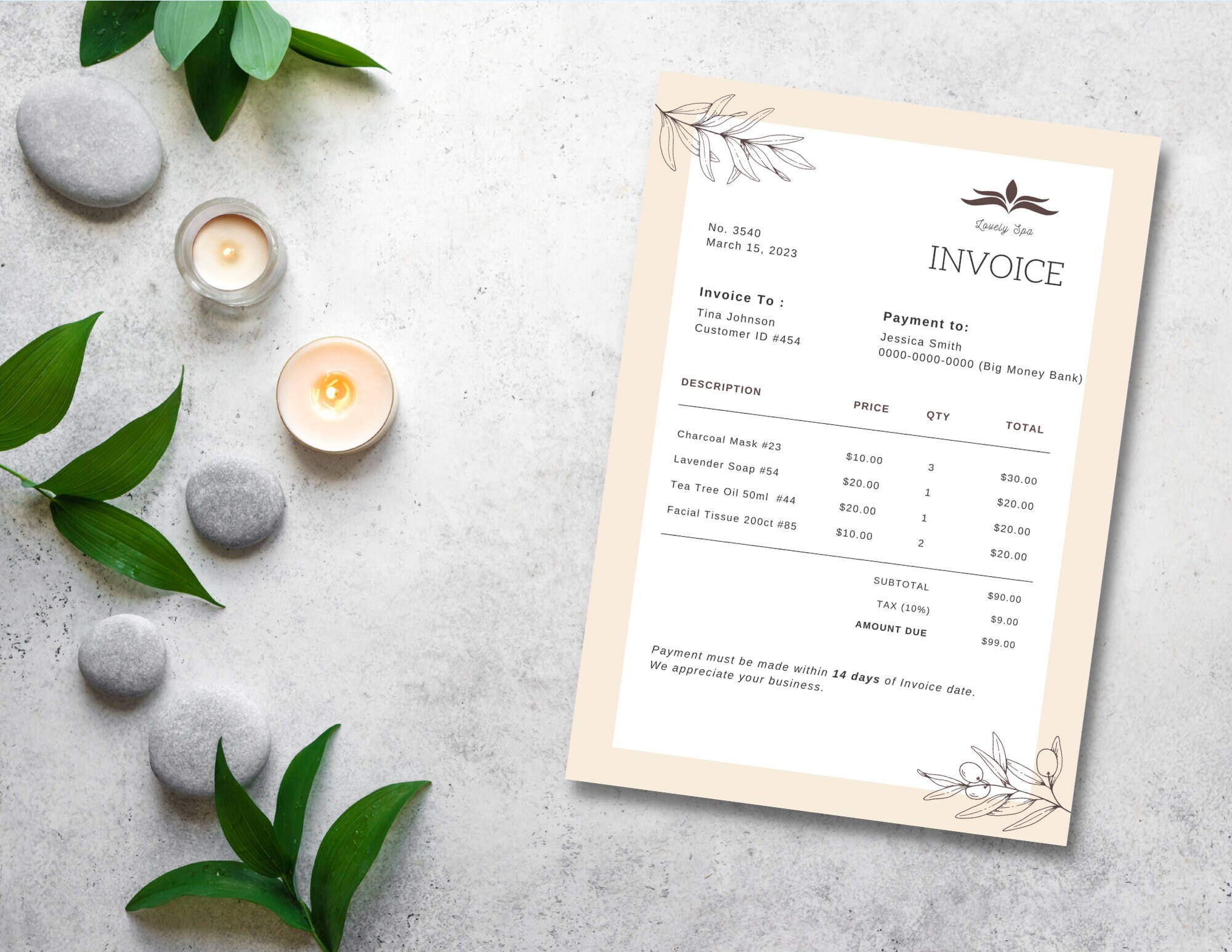 Spa Invoice Template, Beauty and Cosmetics, Fully Customizable Forms ...