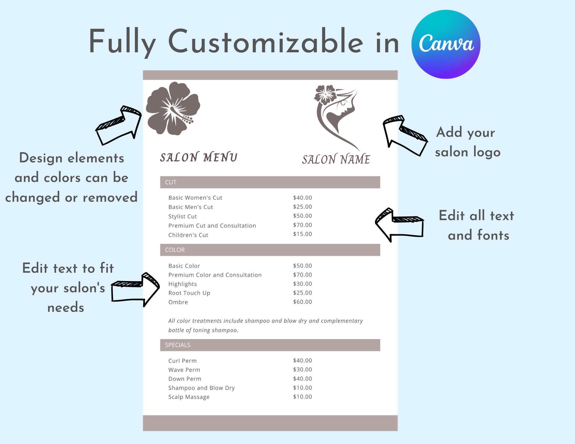 Hair Salon Introduction Forms, Canva Template, Customizable Salon Menu ...
