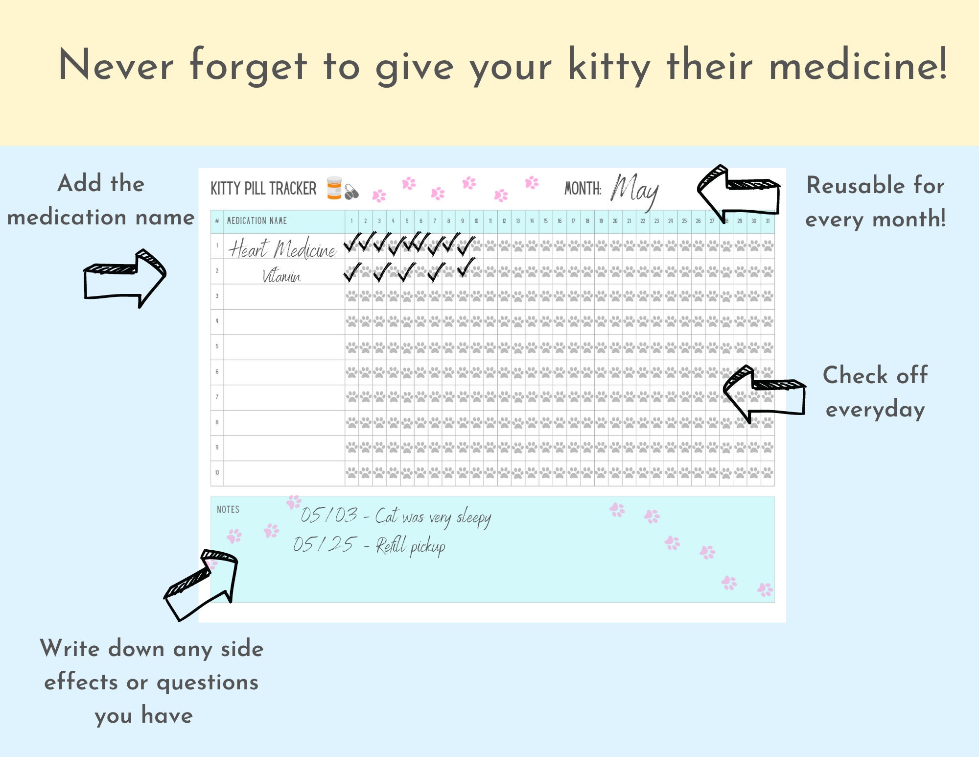 Cat Medication Tracker, Monthly and Weekly Checklist, Medicine and ...