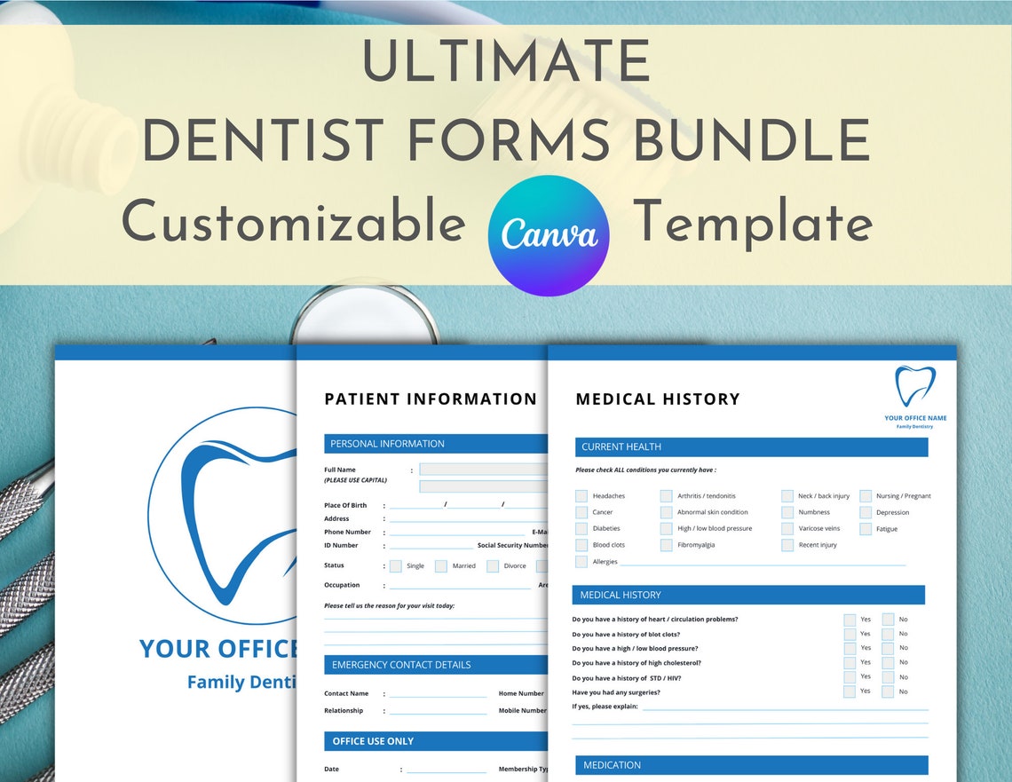 Dentist Office Forms, New Patient Information, Medical History, Dental ...