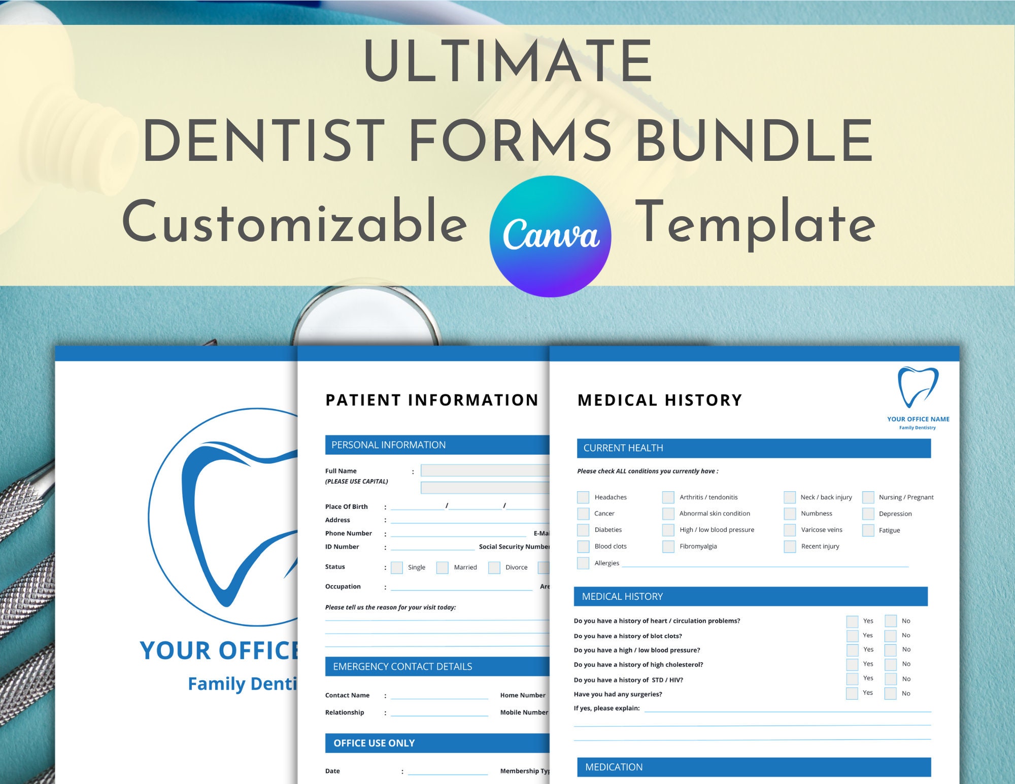 Dentist Office Forms, New Patient Information, Medical History, Dental ...