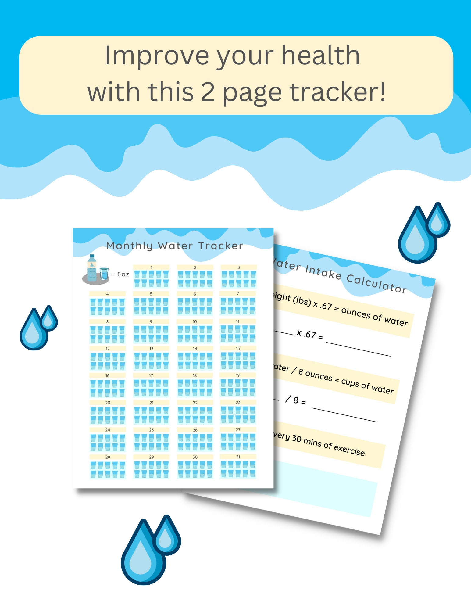 Monthly Water Tracker, Water Intake Log, Water Calculator, Health and ...