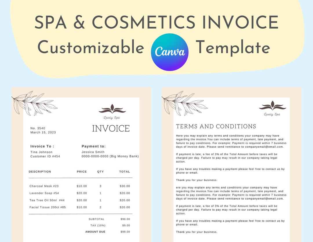 Spa Invoice Template, Beauty and Cosmetics, Fully Customizable Forms ...