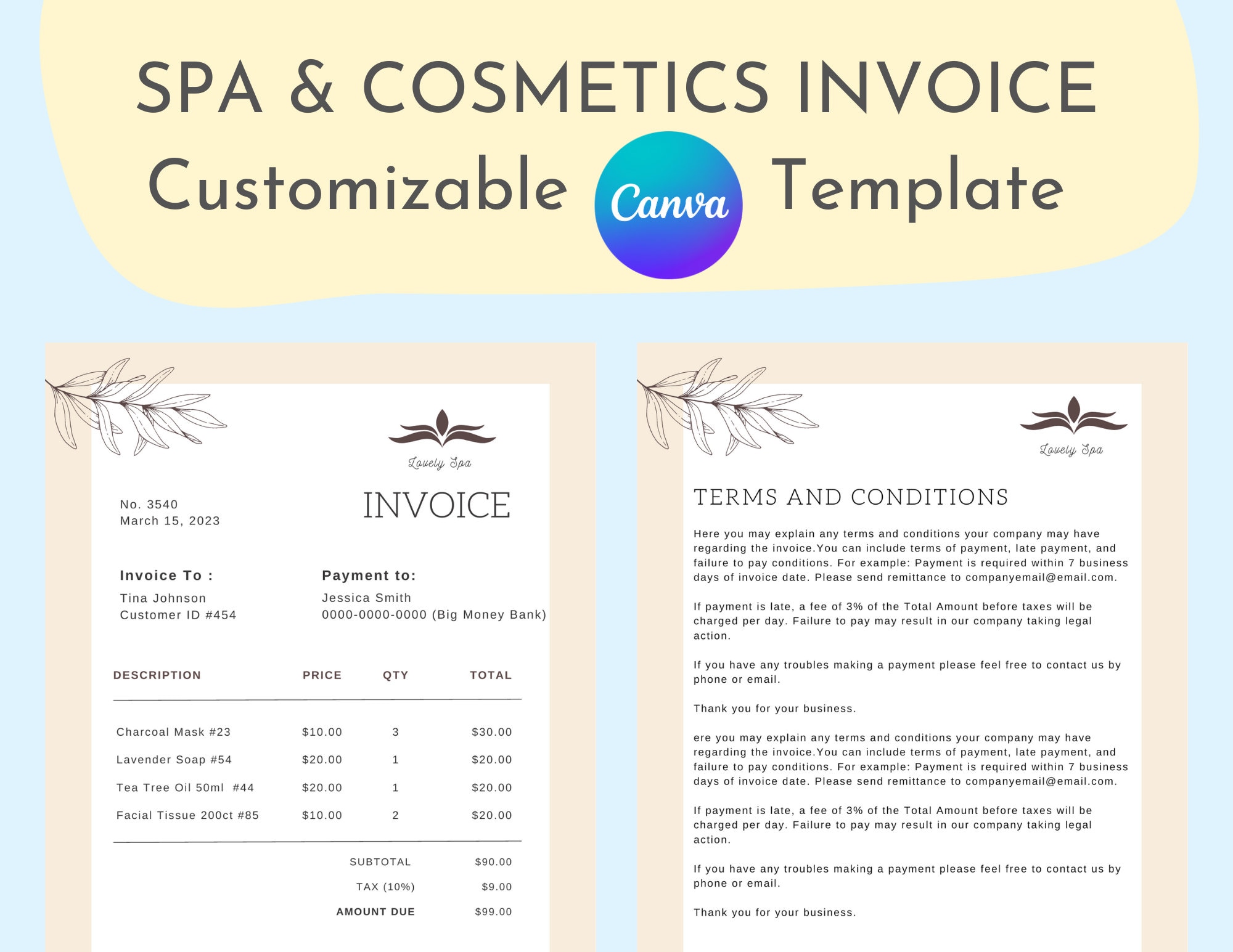Spa Invoice Template, Beauty and Cosmetics, Fully Customizable Forms ...