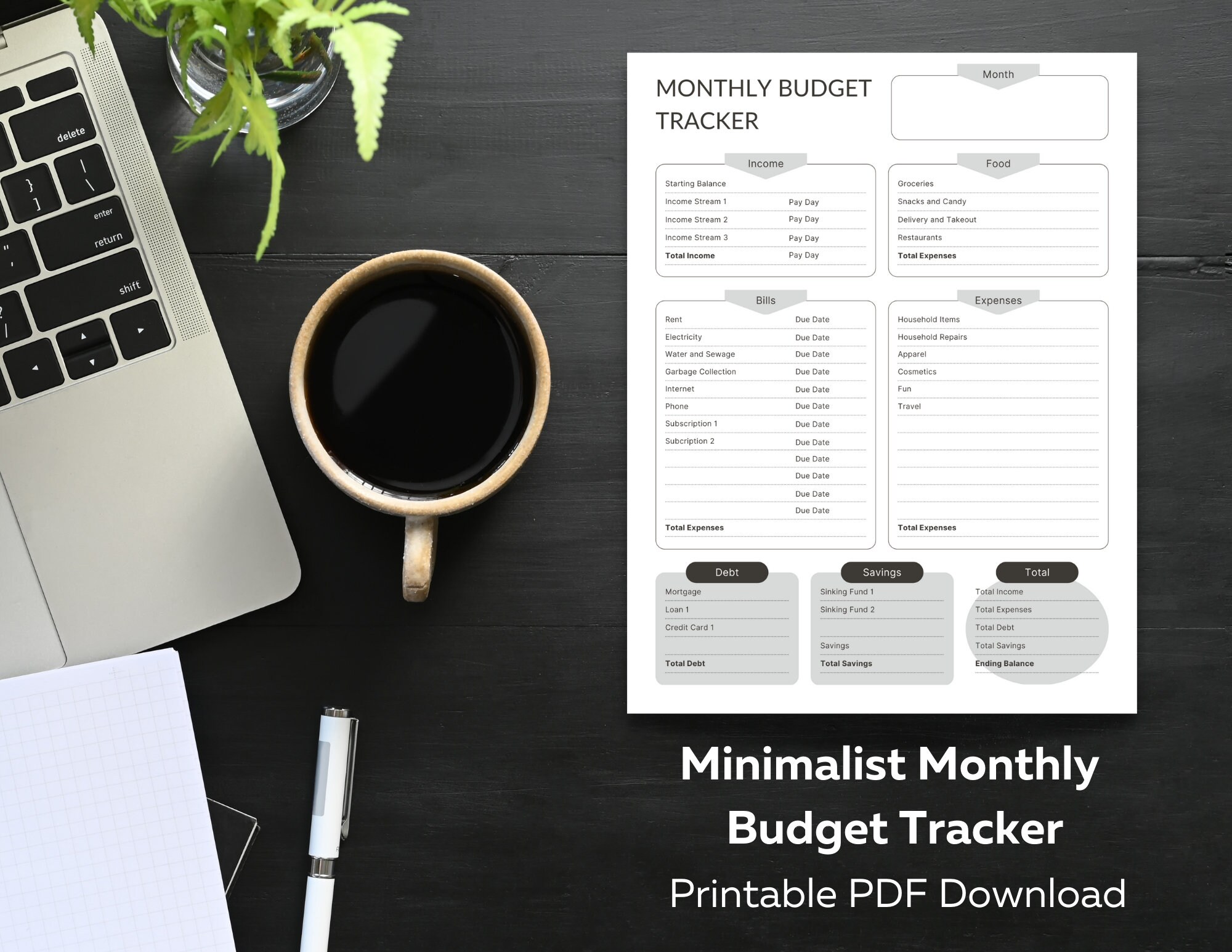 Minimalist Budget Tracker, Monthly Budget Calendar, Income, Expense ...
