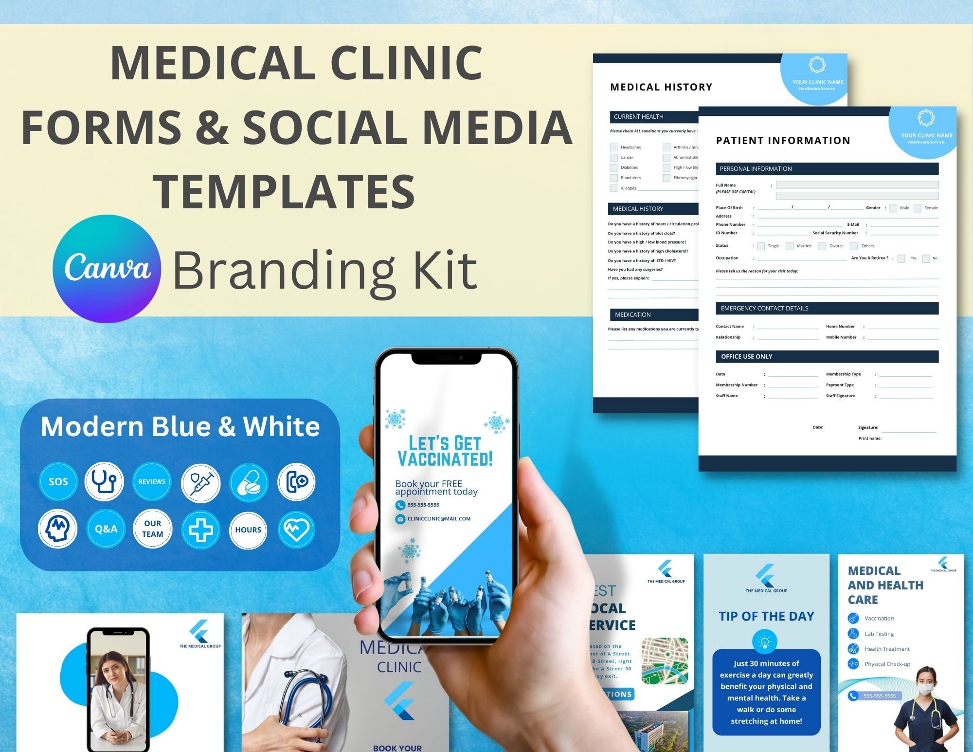 Medical Clinic Branding Kit, Instagram Canva Templates, Patient Forms ...