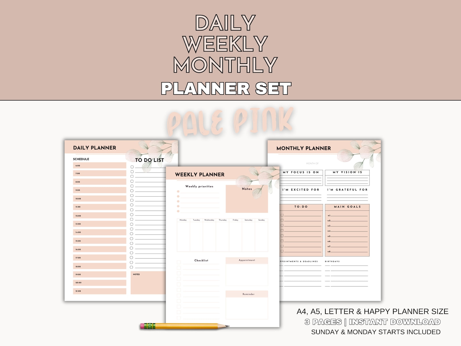 Pink Daily Planner, Weekly Planner, Monthly Printable Planner Set ...
