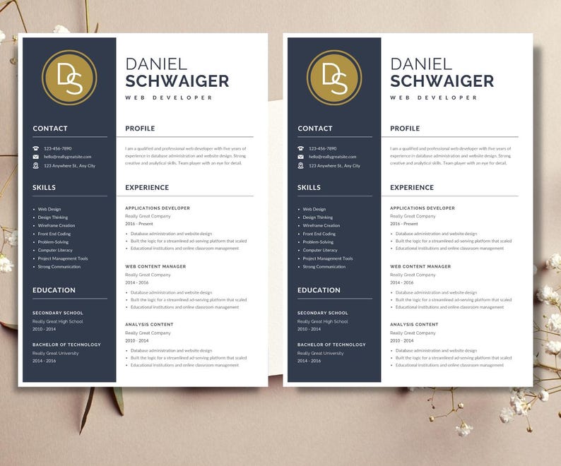 Blue and Gold Clean CV Resume Template, Modern Professional Design, Job ...