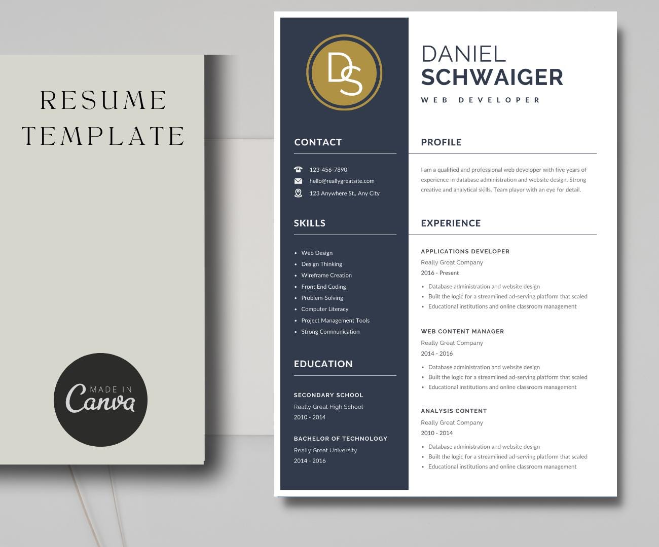 Blue and Gold Clean CV Resume Template, Modern Professional Design, Job ...