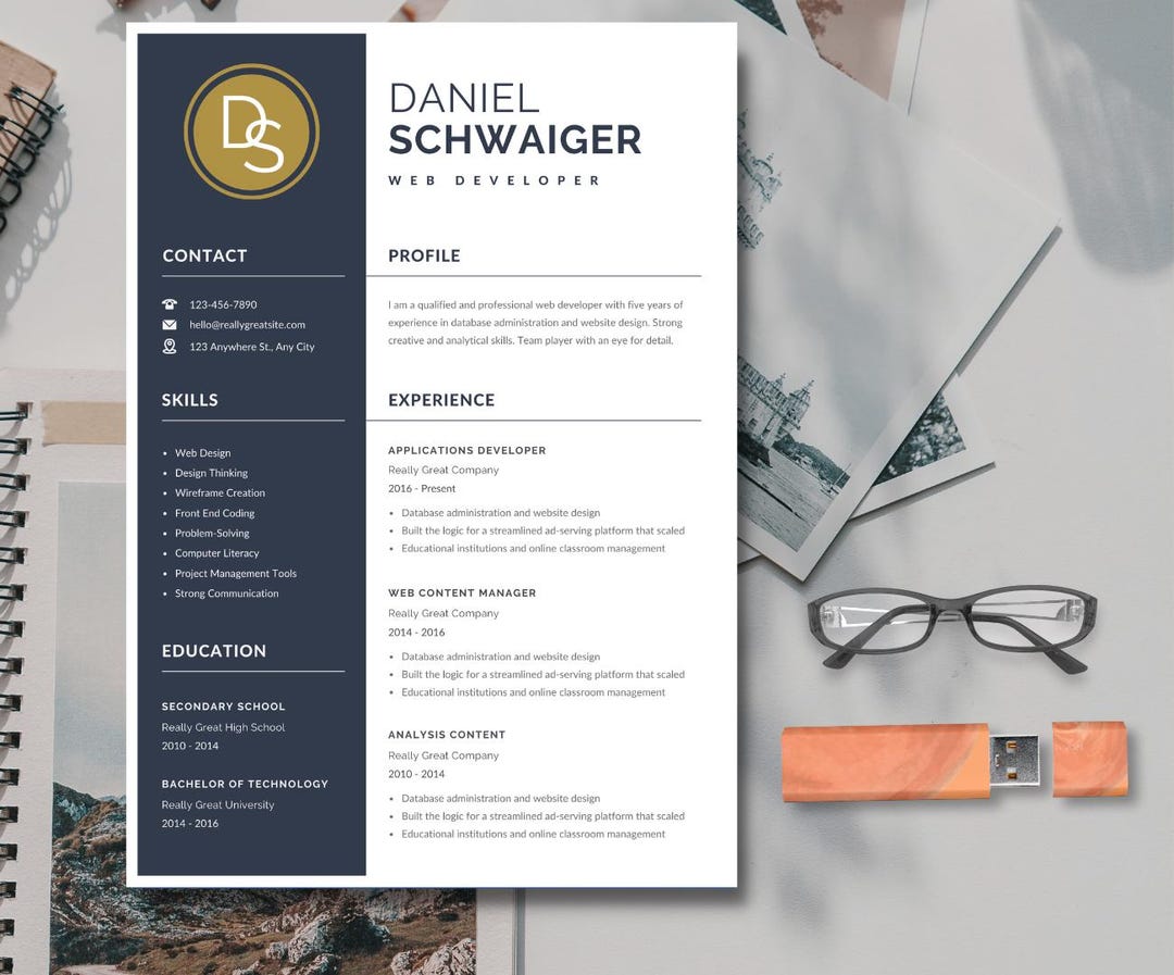 Blue and Gold Clean CV Resume Template, Modern Professional Design, Job ...