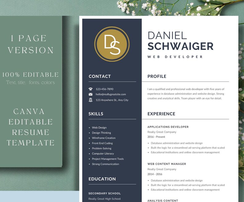 Blue and Gold Clean CV Resume Template, Modern Professional Design, Job ...