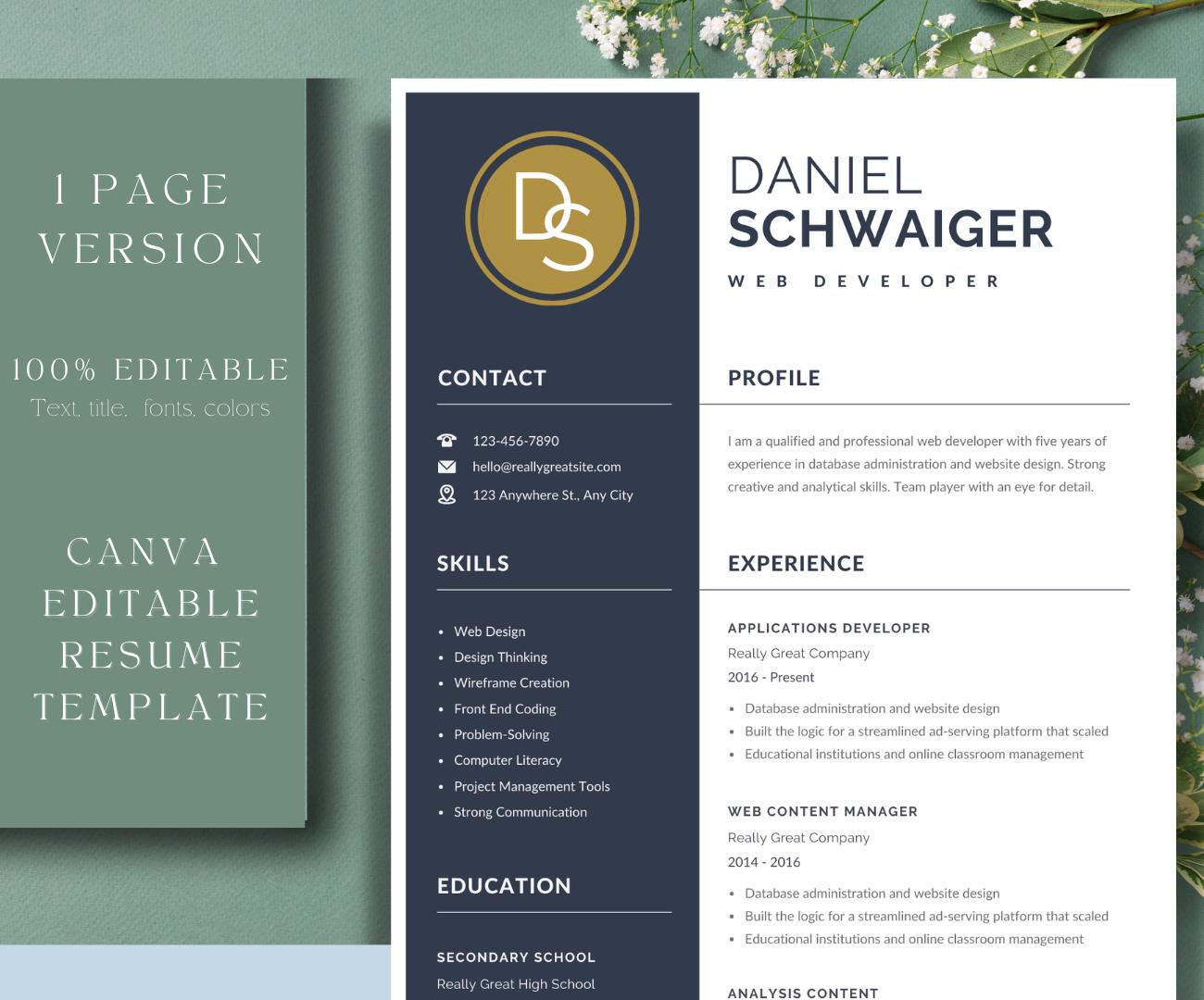 Blue and Gold Clean CV Resume Template, Modern Professional Design, Job ...