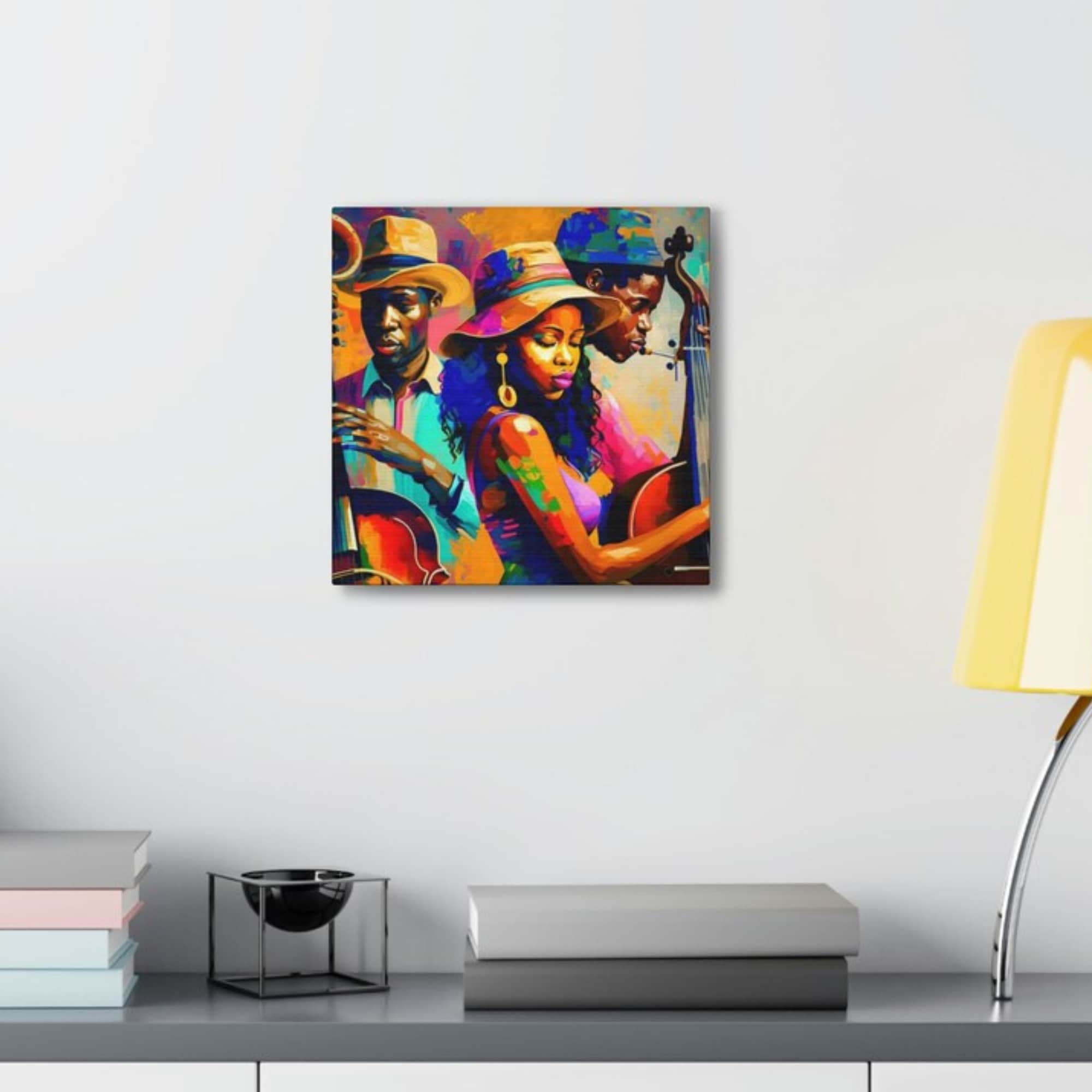 African American Jazz Trio Abstract on Textured Cotton Canvas, Colorful ...