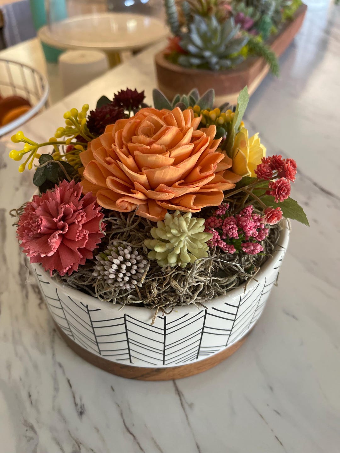 Boho Chic Sola Wood Floral Arrangement, Faux Succulents in Ceramic Pot ...