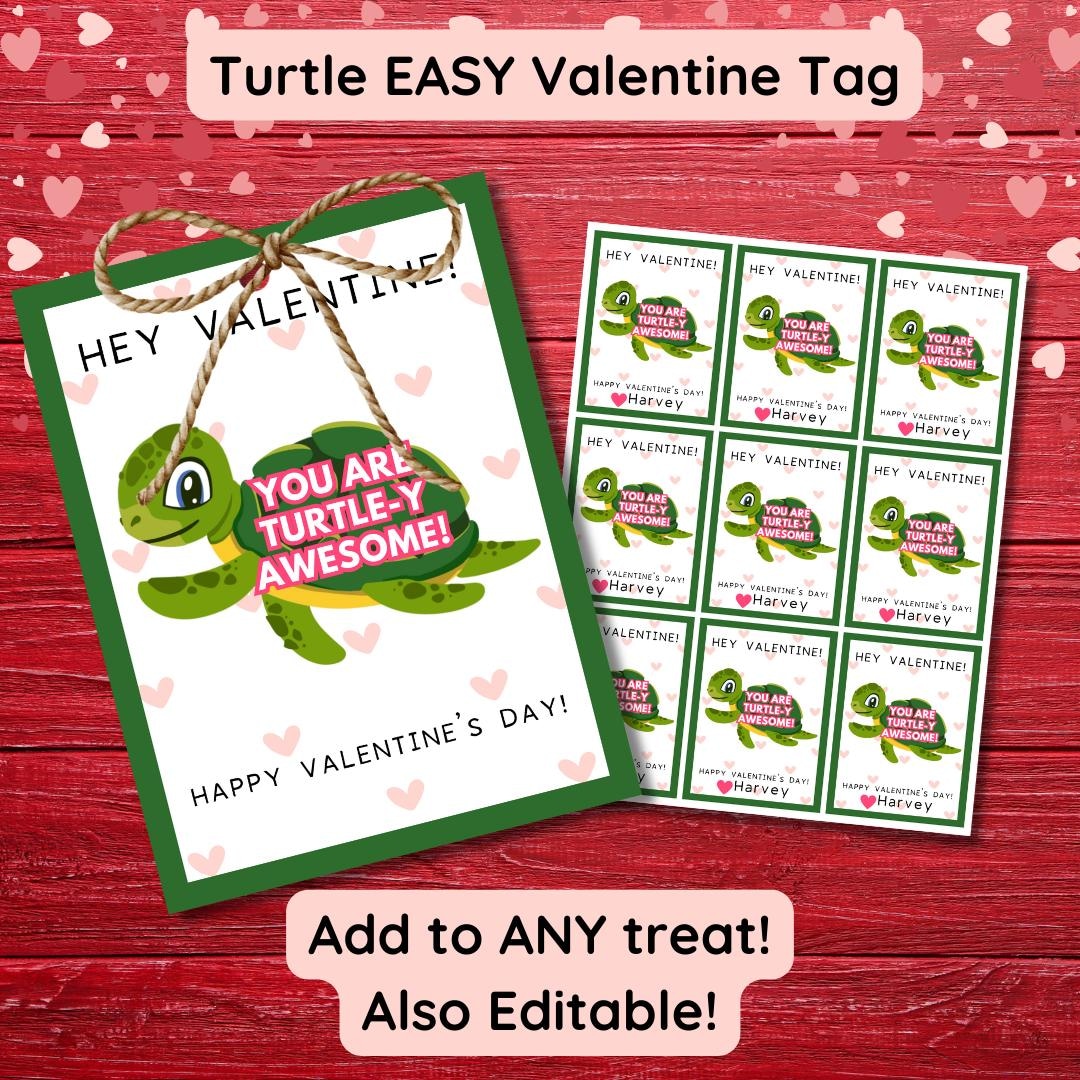 Turtle Valentine's Day Treat Tag: Editable Classroom Cards (digital ...