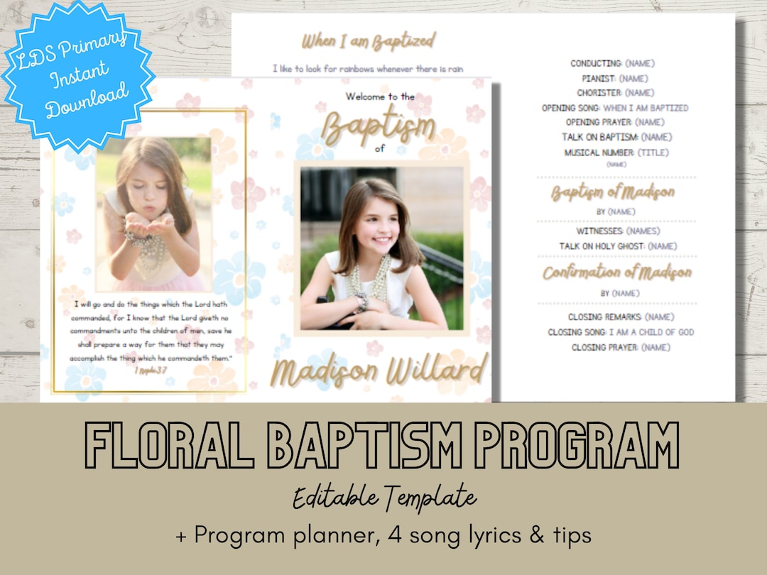Baptism Program Template | LDS Floral Baptism Program Template | Girl |customizable and Easy to ...