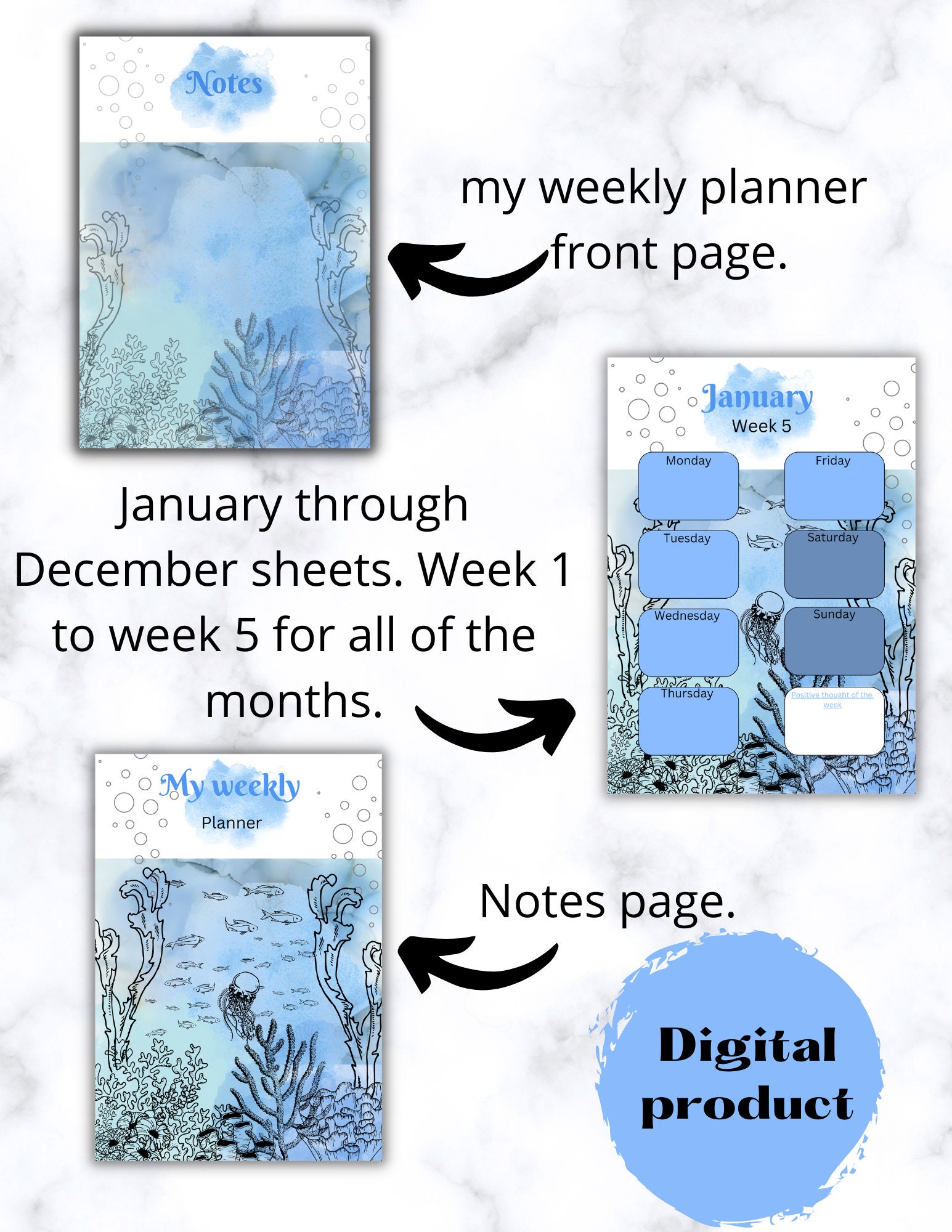 Digital Template Blue Weekly Planner, Sea Life, Organization and ...