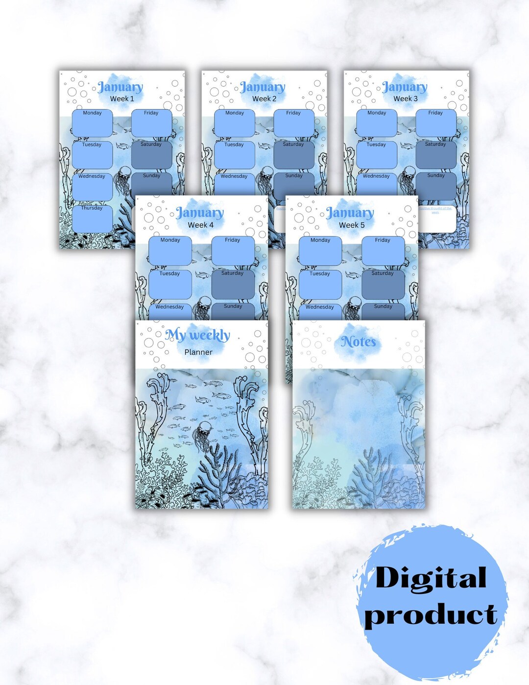 Digital Template Blue Weekly Planner, Sea Life, Organization and ...